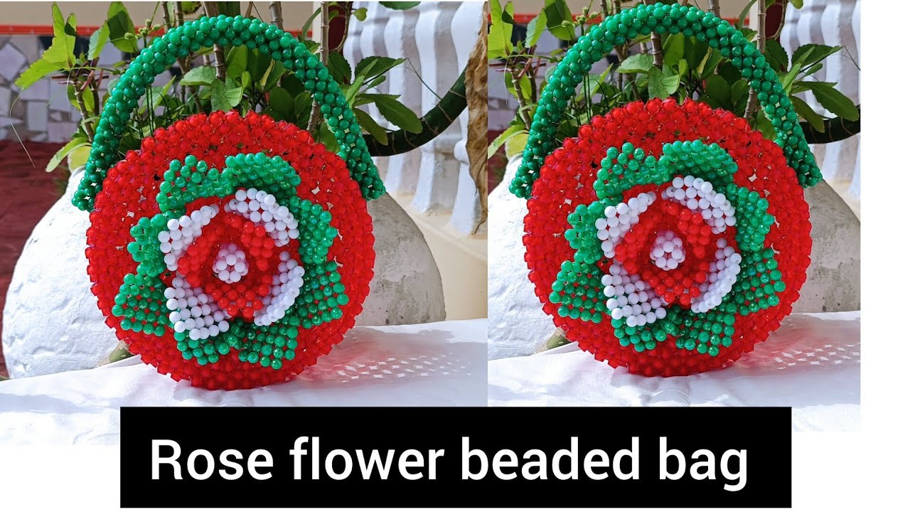 How to make a round beaded bag with Rose flower// Easiest beaded Rose ...