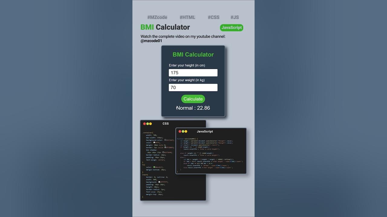 Make BMI Calculator Using HTML CSS JavaScript #css #html #javascript #coding #shorts #webdesign ...