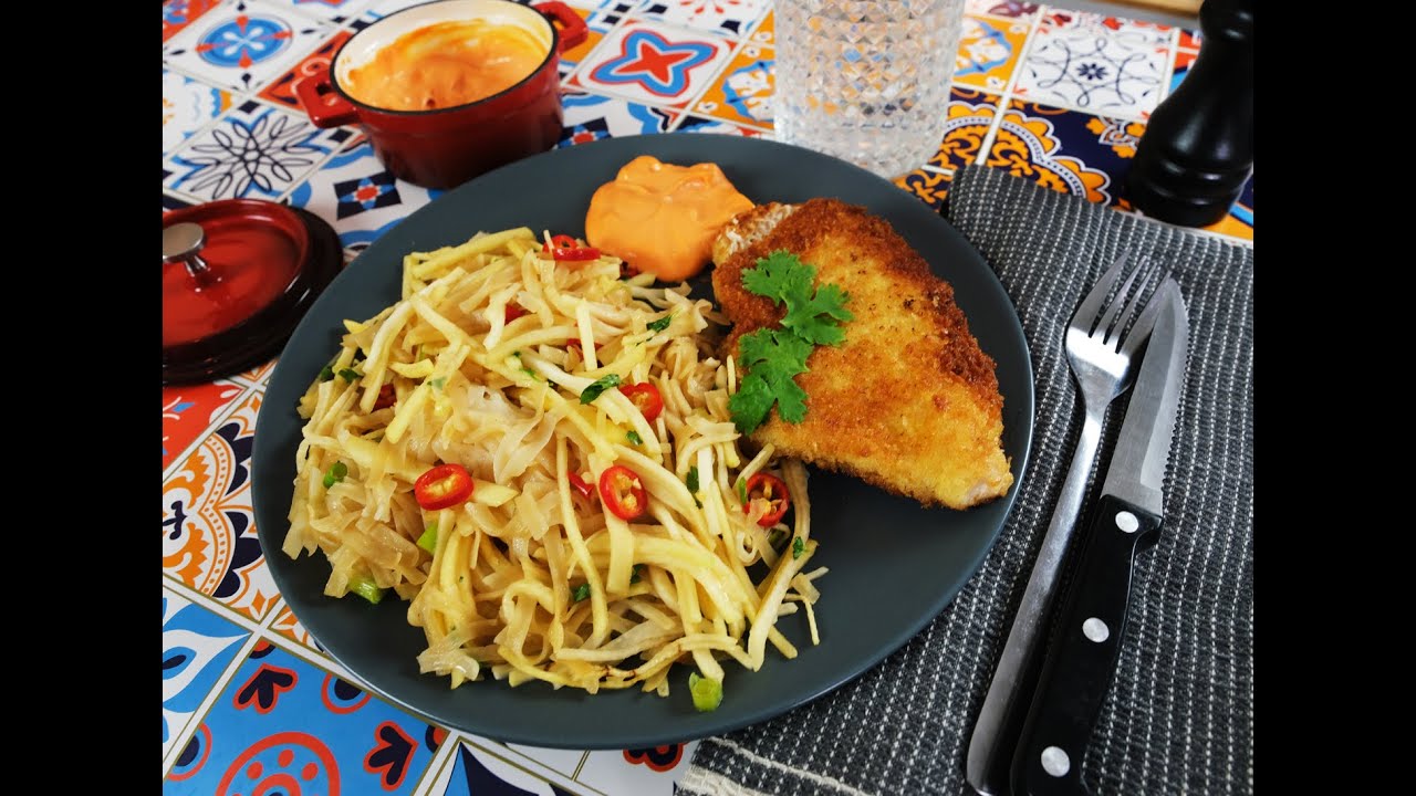 Chicken Schnitzel with Noodle Salad Recipe - YouTube