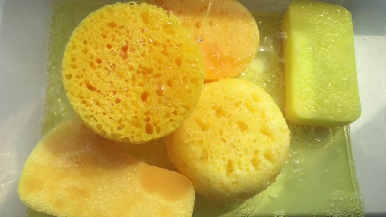 ASMR SPONGES | Yellow sponges with yellow soap | Water, soapy, sponge ...