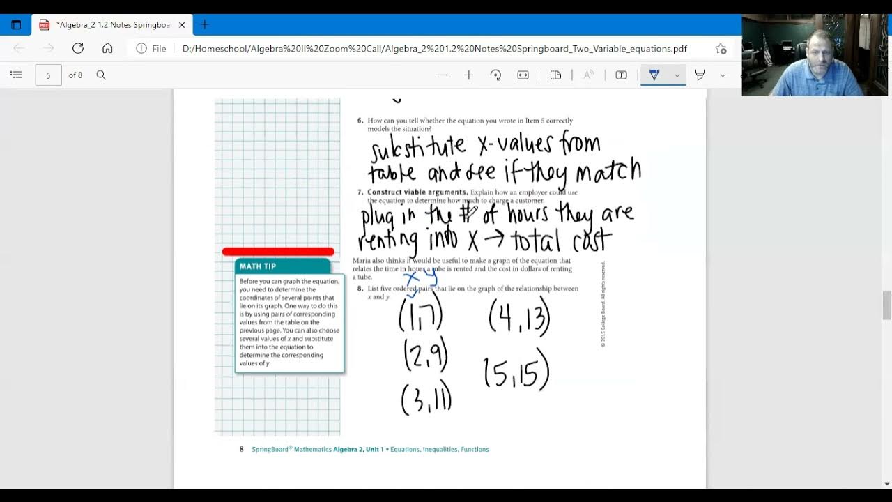 Algebra 2 Springboard Lesson 1-2 #1-17 Writing and Solving Two-Variable ...