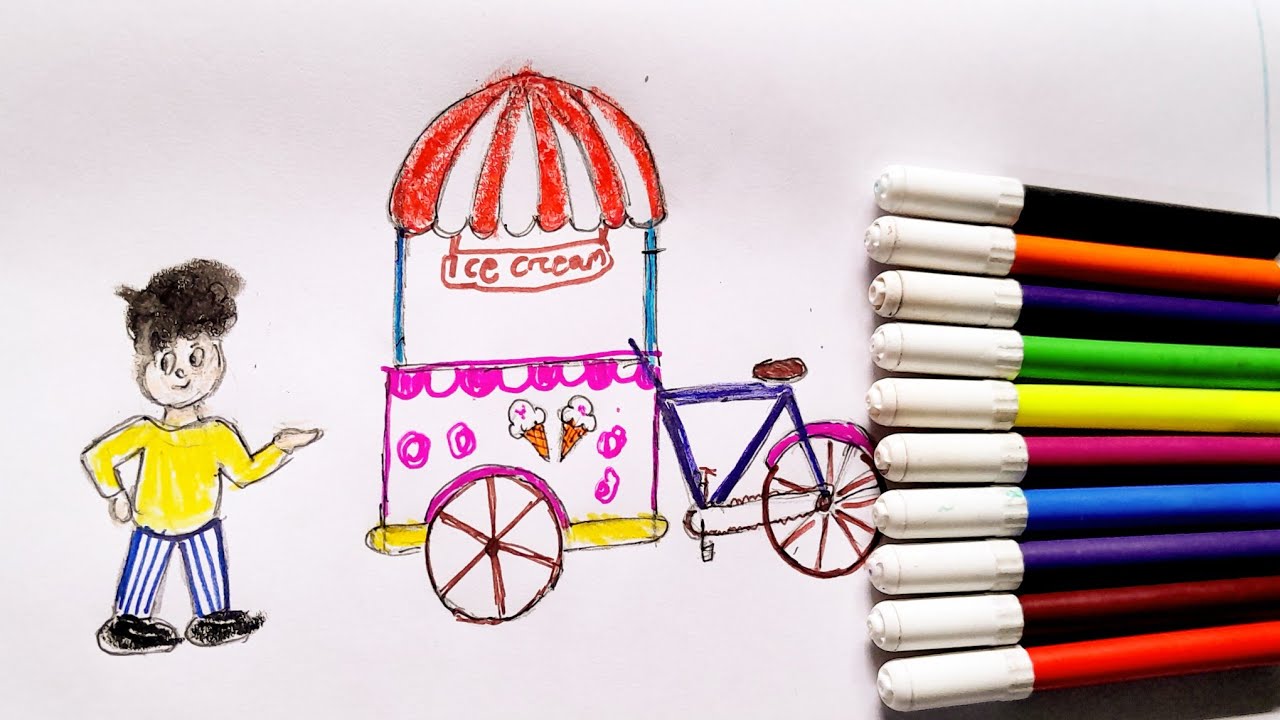 How to draw and color a ice cream cart very easy and step by step ice ...
