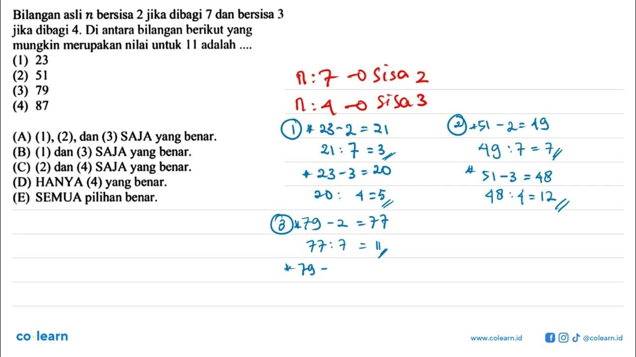 Bilangan Asli N Bersisa 2 Jika Dibagi 7 Dan Bersisa 3 Jika Dibagi 4 bilangan-asli-n-bersisa-2-jika-dibagi-7-dan-bersisa-3-jika-dibagi-4