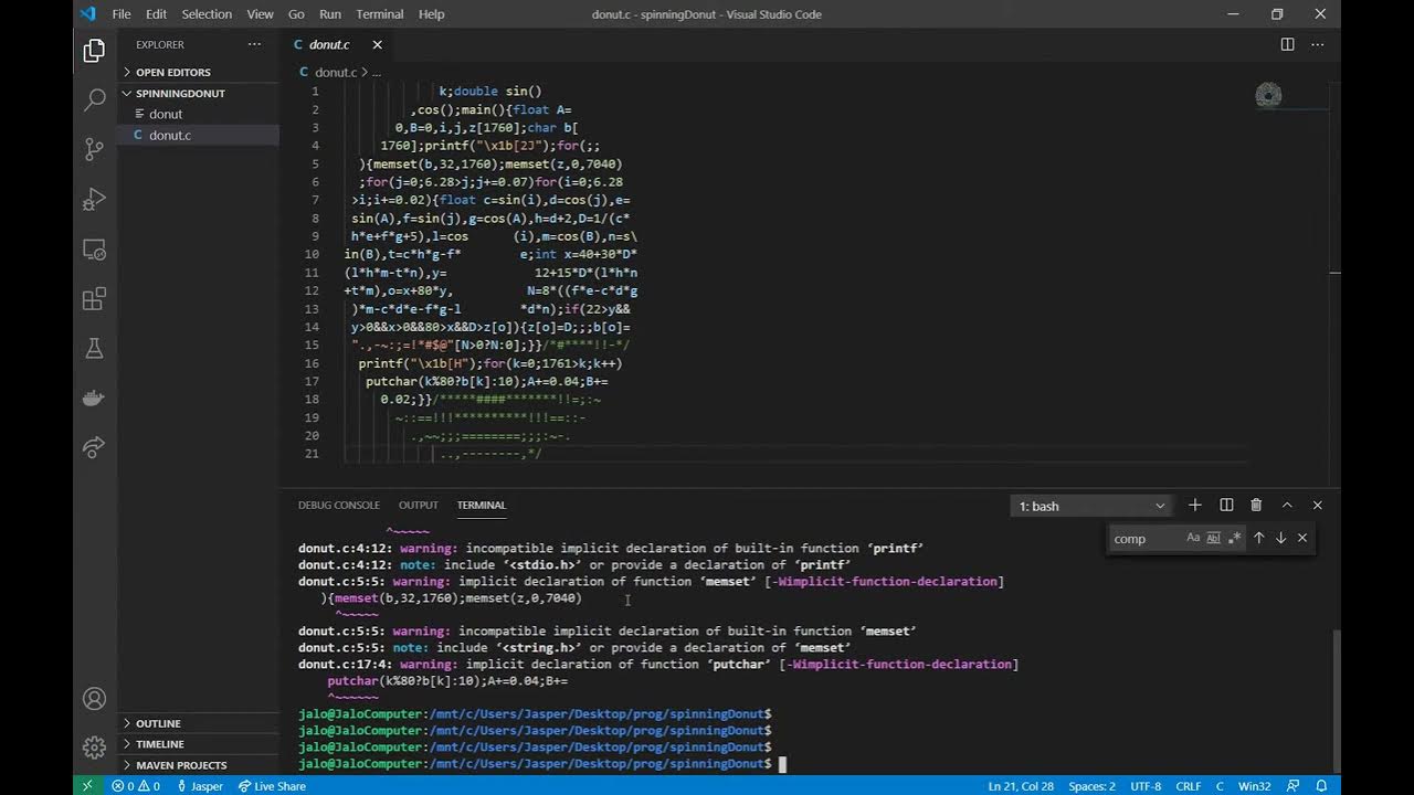 Donut shaped C Code that produces spinning Donut - YouTube