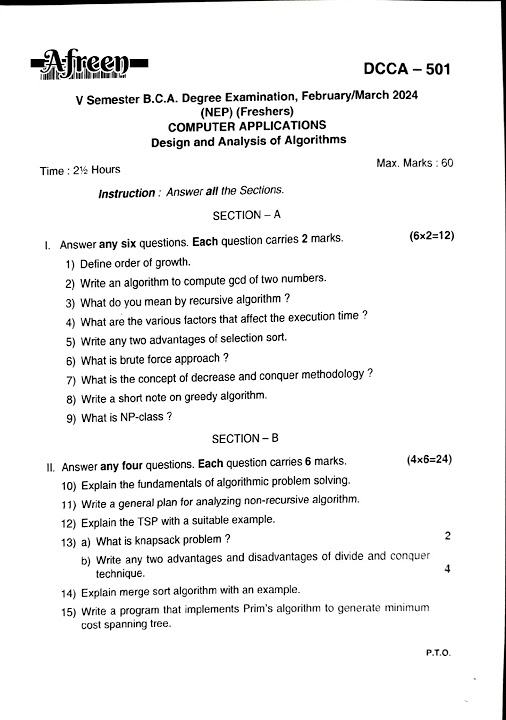 Design and Analysis of Algorithms Question paper of BCA 5th semester ...