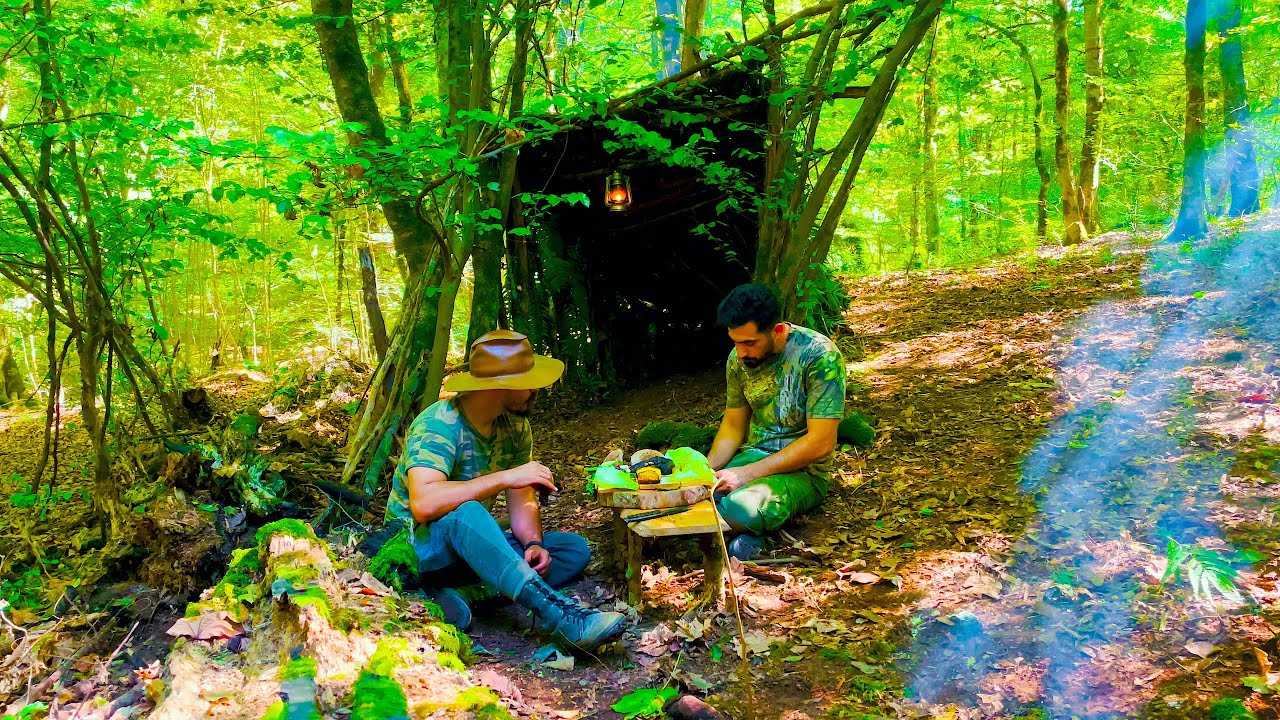 Build a survival shelter in the forest | cooking creative food in the ...