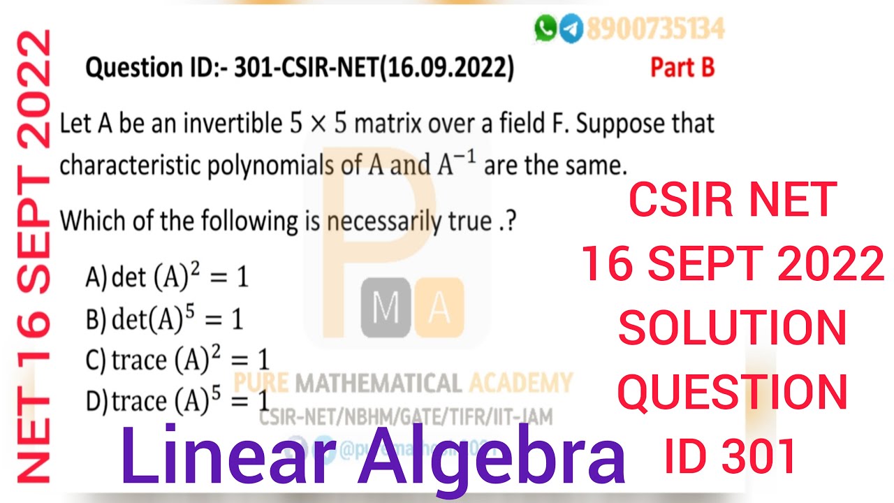Csir Net 16 September 2022 June Linear Algebra Solution Question Id 301 Pure Mathematical