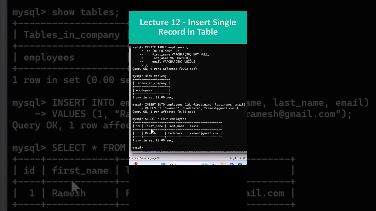 MySQL Course Shorts | Insert Records in Database Table #mysql - YouTube