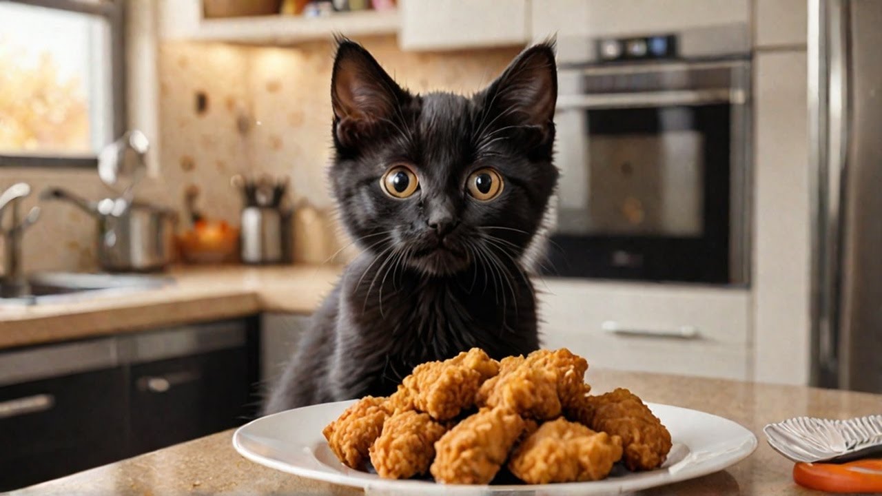 Adorable BLACK Kitten Goes CRAZY for Fried Chicken! - YouTube