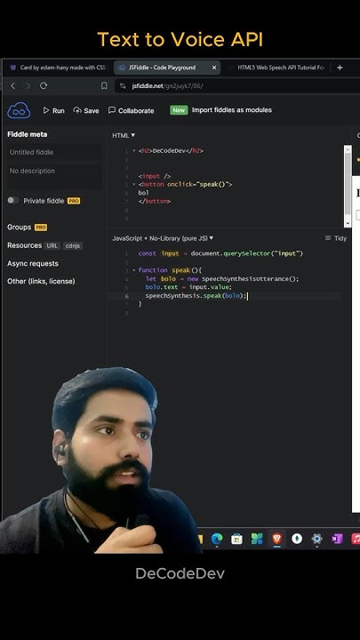 Learn Text to Voice API in JavaScript #api #webdesign #webdevelopment #shorts #learn #decodedev ...