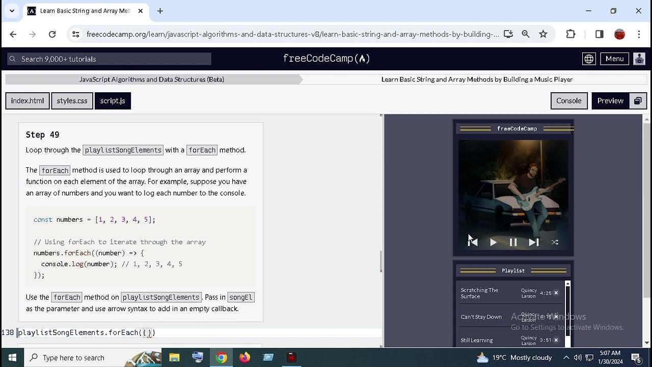 freecodecamp solved! Learn Basic String and Array Methods by Building a Music Player step49 ...