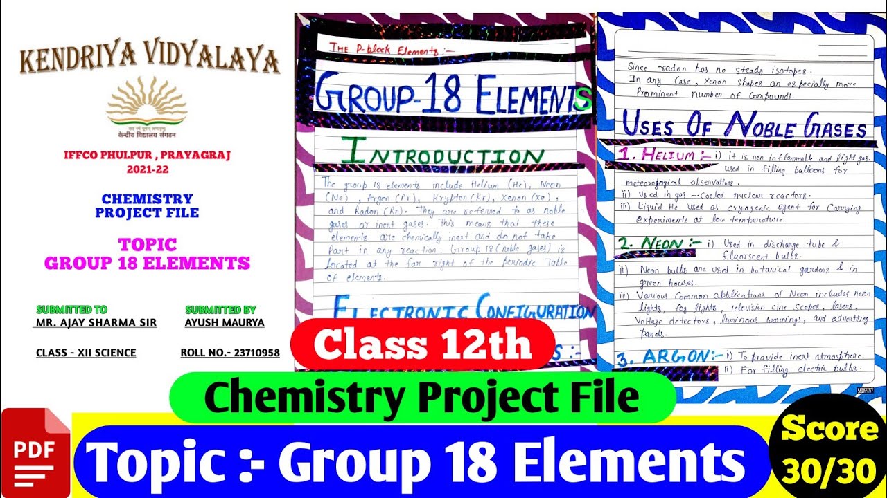 Class 12th Chemistry Project File || Group 18 Elements || Handwritten ...