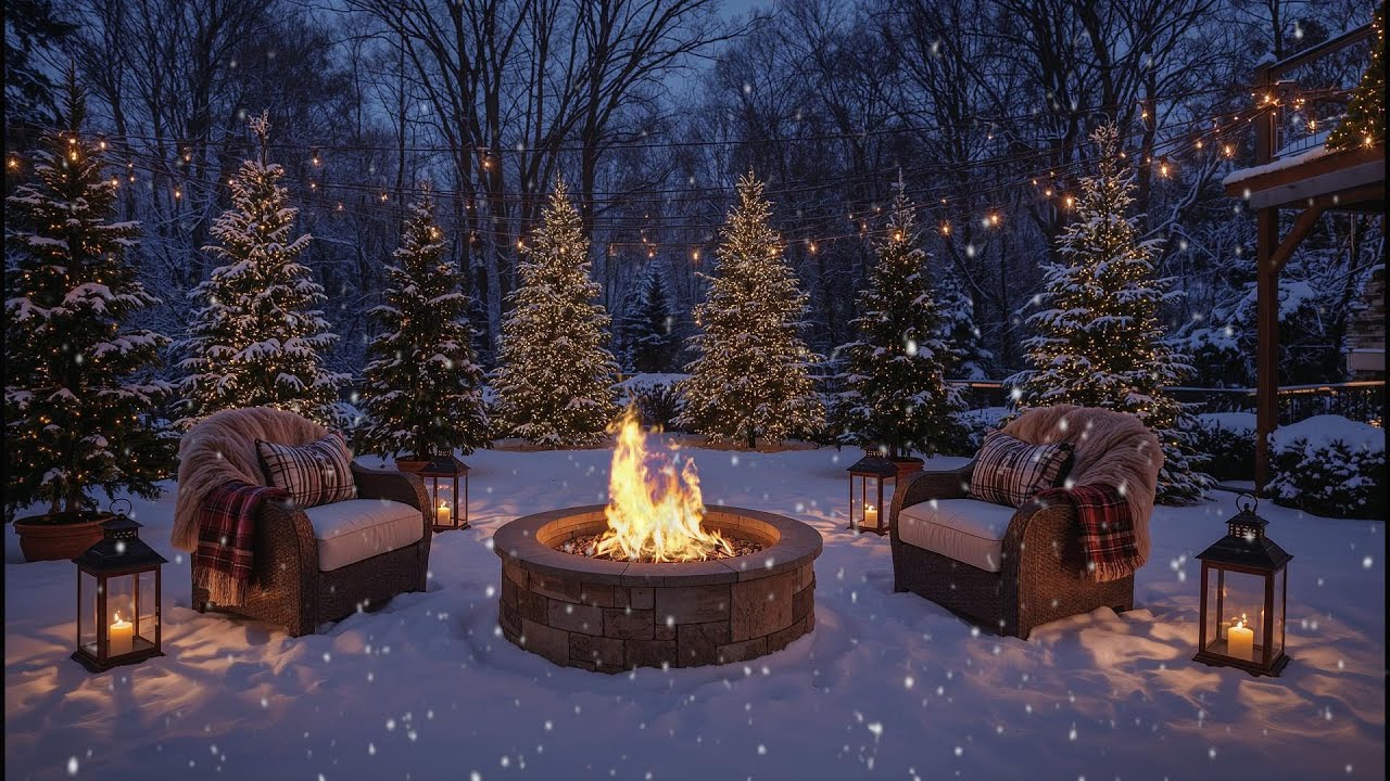 Winter Firepit Ambience with Real Crackling Fire & Falling Snow | Cozy ...