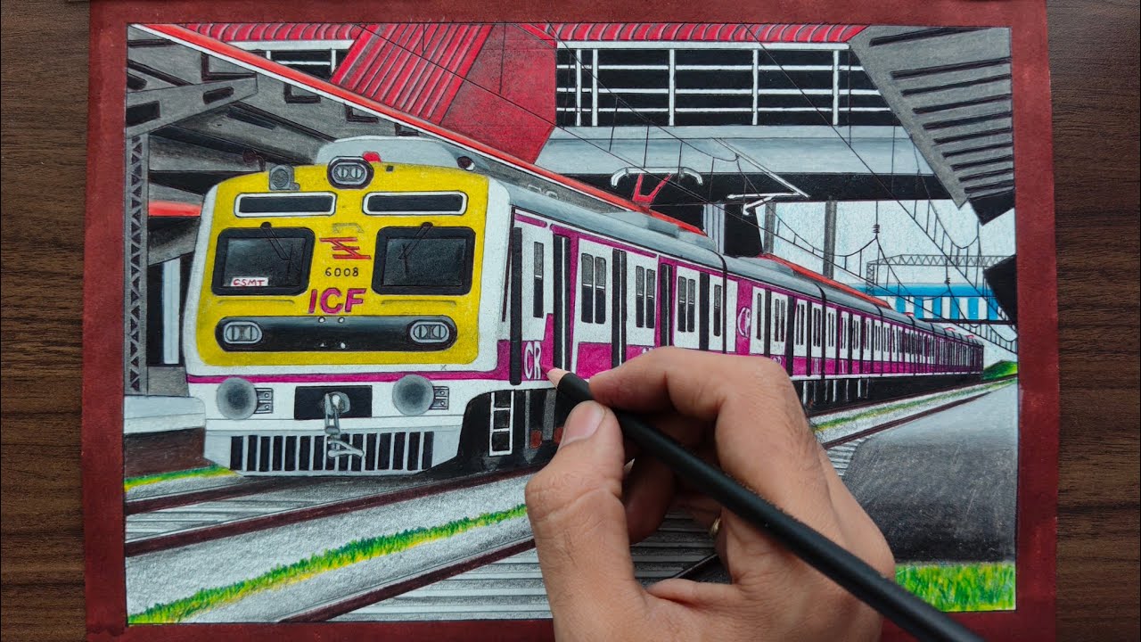 Drawing Mumbai local train halted at railway station || Bombardier rake ...
