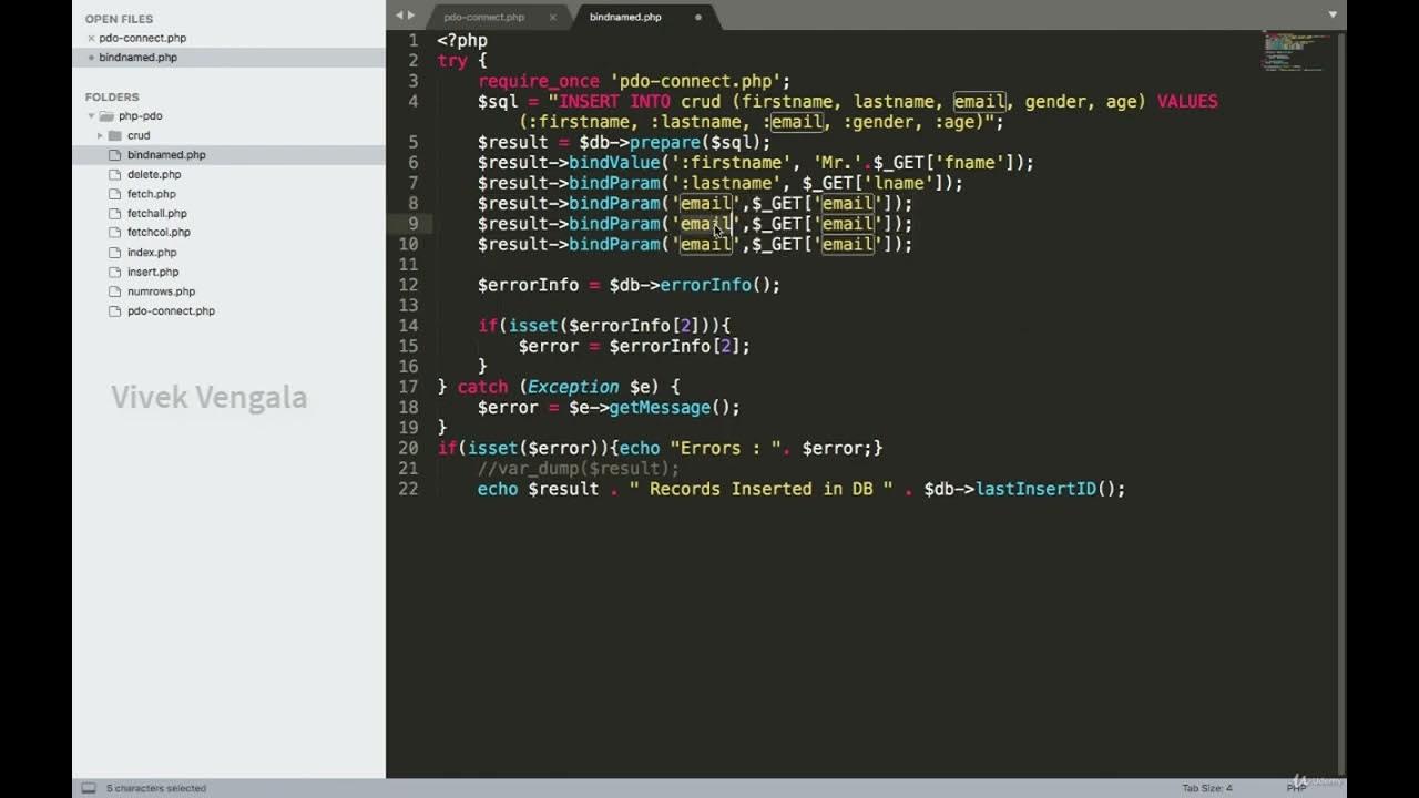 PHP PDO CRUD 0502 Using Named Placeholders in Prepared Statements - YouTube