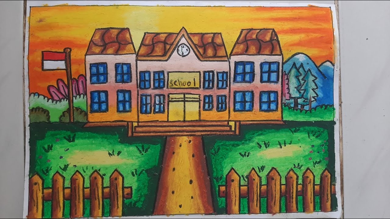 Menggambar & Mewarnai Gedung Sekolah dengan Crayon Oil Pastel- Drawing ...