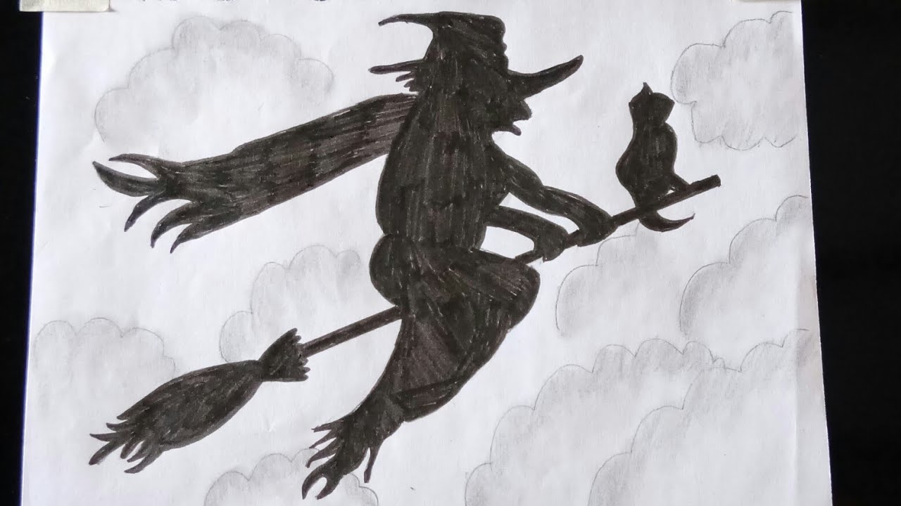 How to draw flying witch with cat on broom / draw Black and white ...