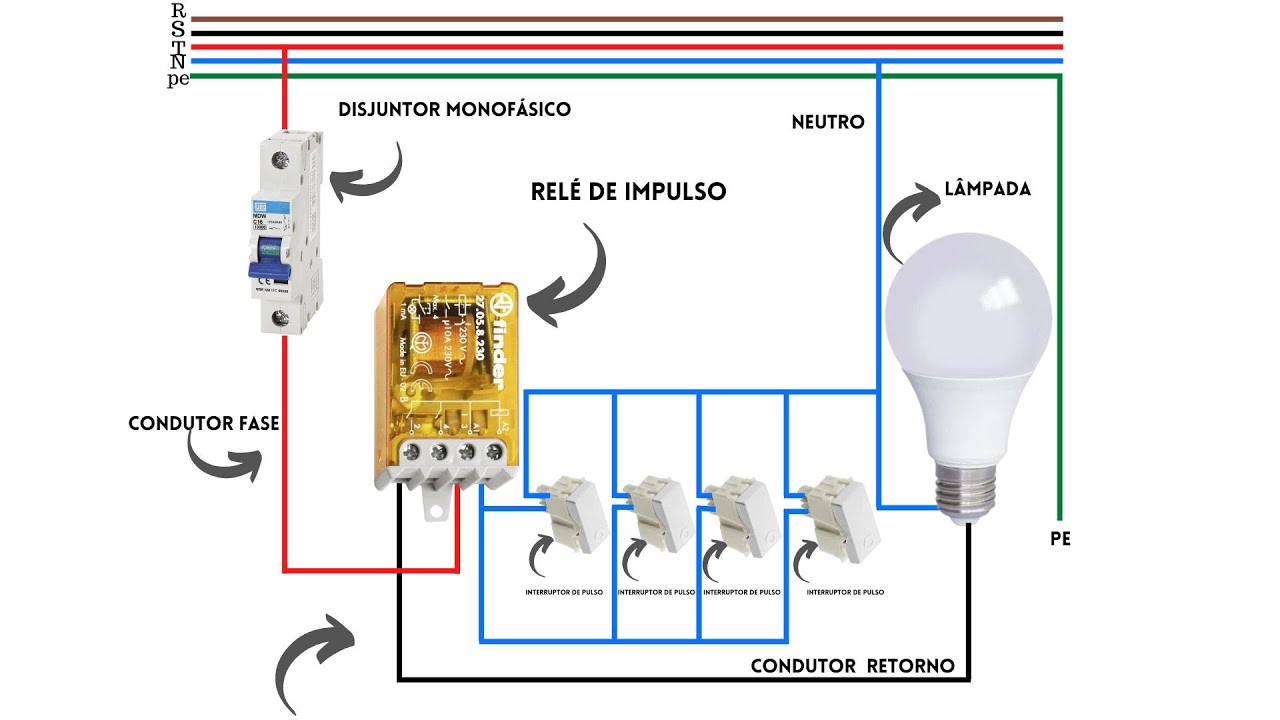 Relé De Impulso Ligando Uma Lâmpada De Vários Pontos Diferentes