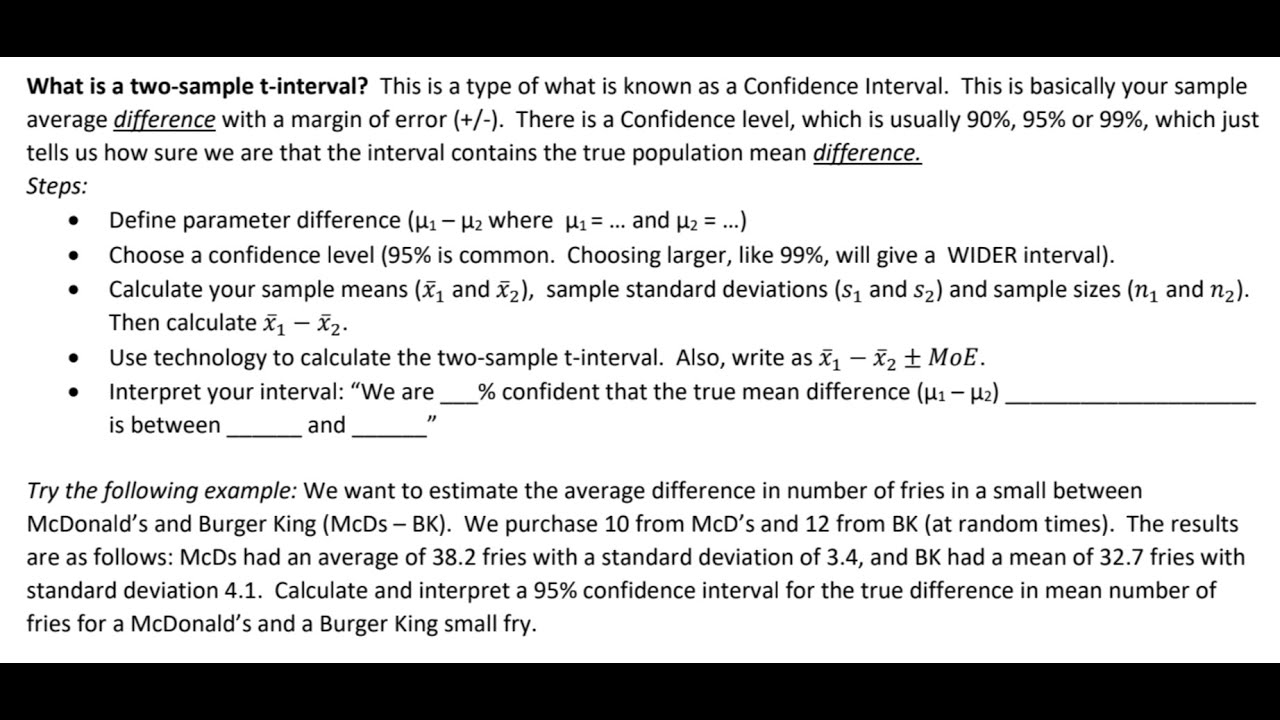 2 Sample T Interval and T-Test Example - YouTube
