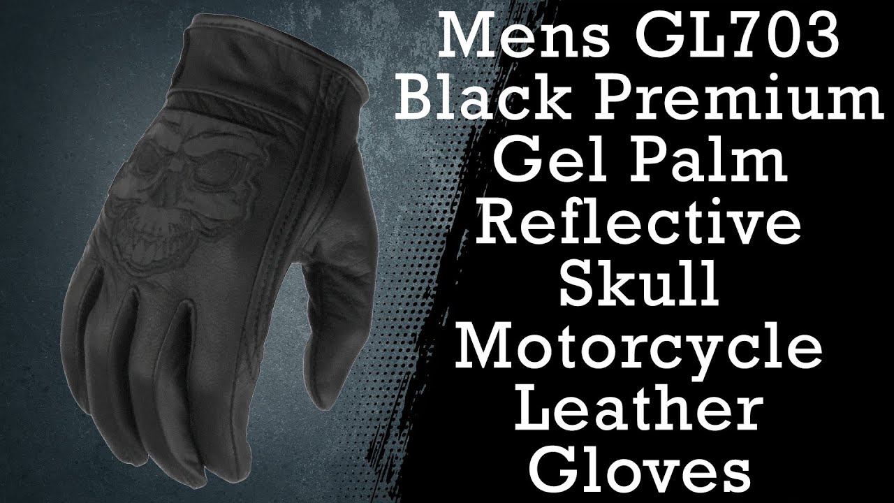 Mens GL703 Black Premium Gel Palm Reflective Skull Motorcycle Leather ...