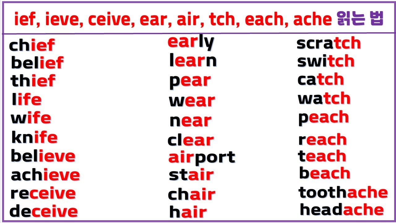 입소문 영어 읽기 모아 보기 (31탄) / ief, ieve, ceive, ear, air, tch, each, ache 읽는 ...