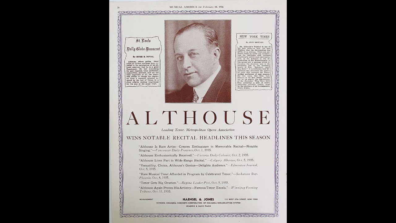 Paul Althouse "Vesti La Giubba" Pagliacci, composer Leoncavallo (1914 ...