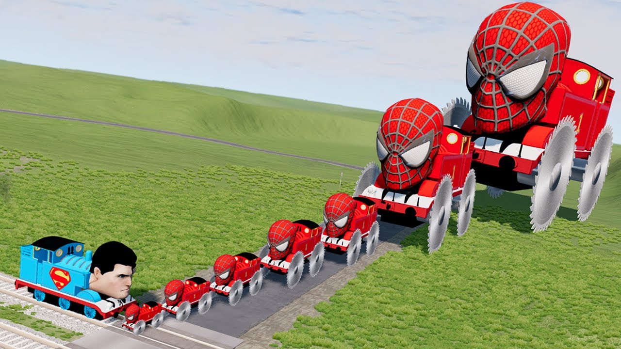 Big & Small Spider-Man the Train with Saw Wheels vs Train Superman ...