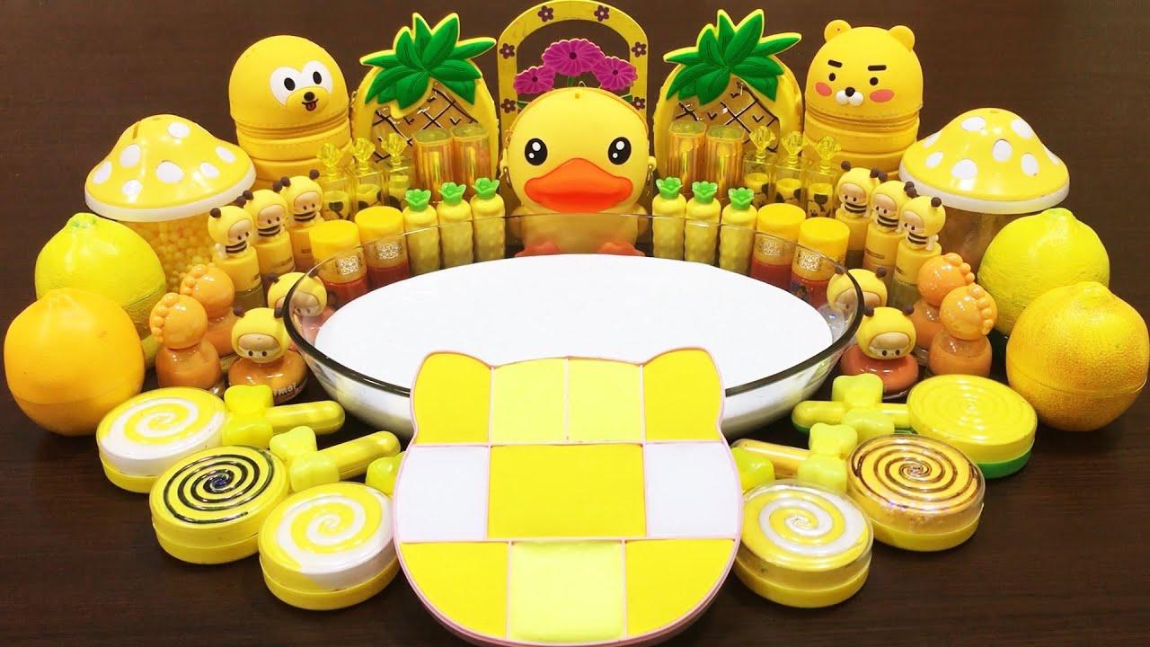 YELLOW Slime ! Mixing Random Things into Glossy Slime | Satisfying ...