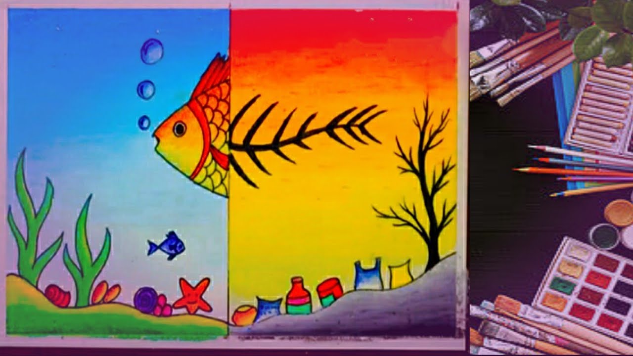 How to draw Environment Day Poster || water pollution Drawing || step ...