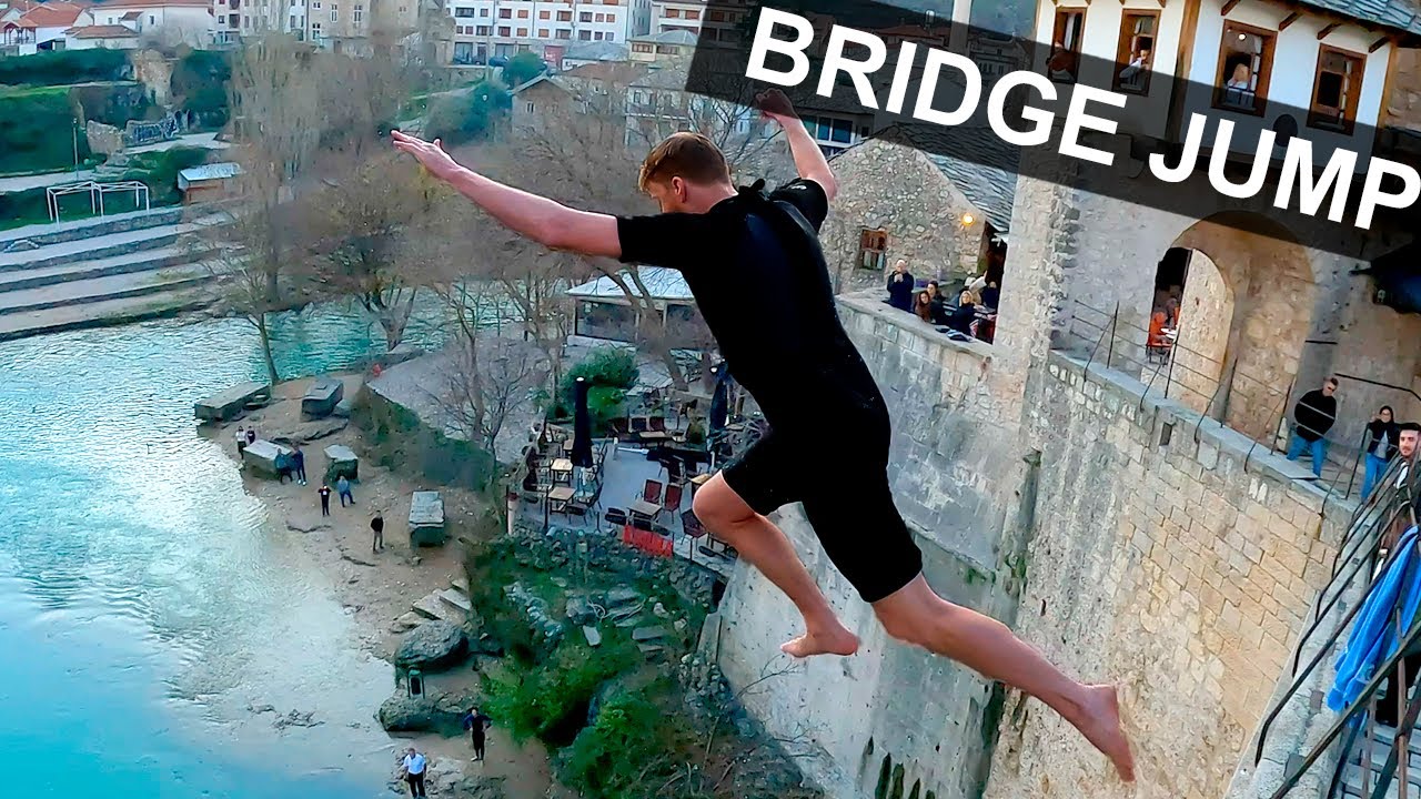 Two Guys Jump Off Stari Most Bridge @ Mostar, Bosnia and Herzegovina ...