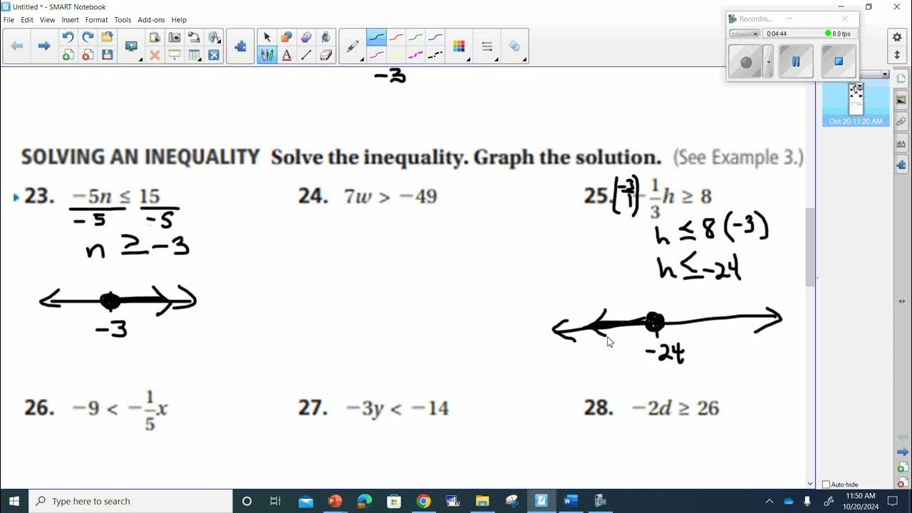 home work video for lesson 3-8; Solving inequalities using ...