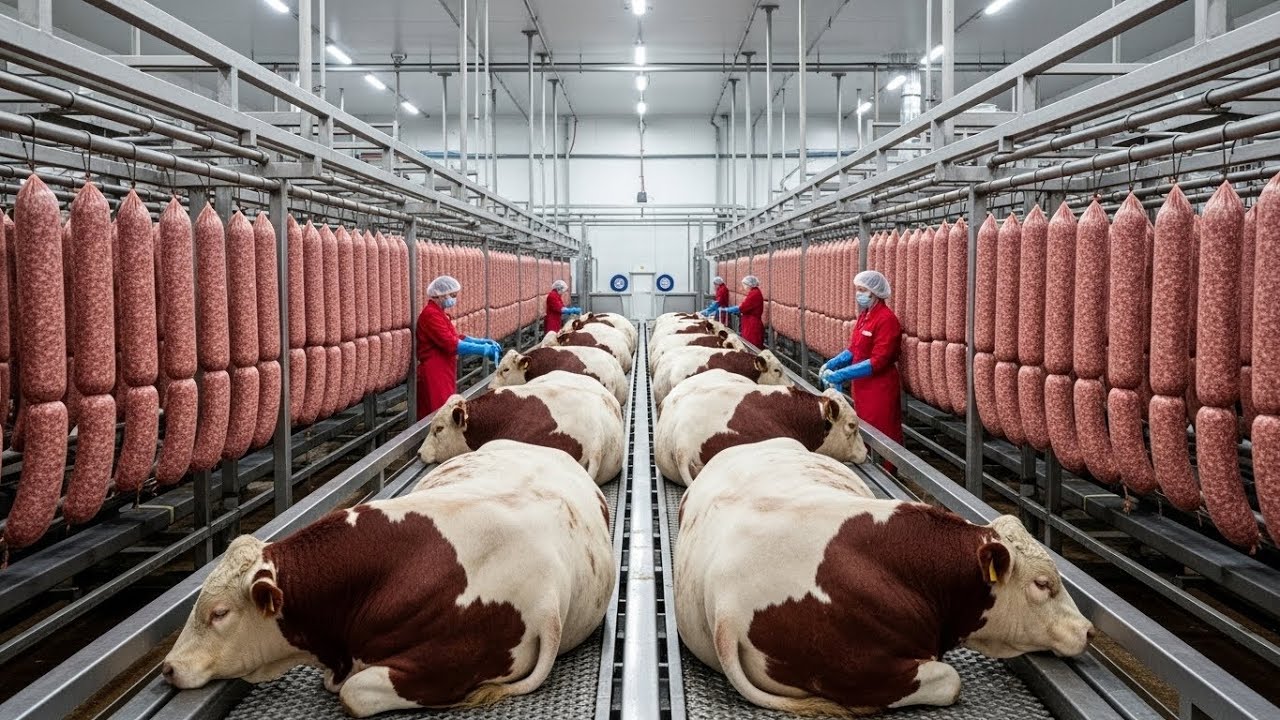 Inside a Beef Sausage Factory | From Live Cattle to Massive Sausages ...
