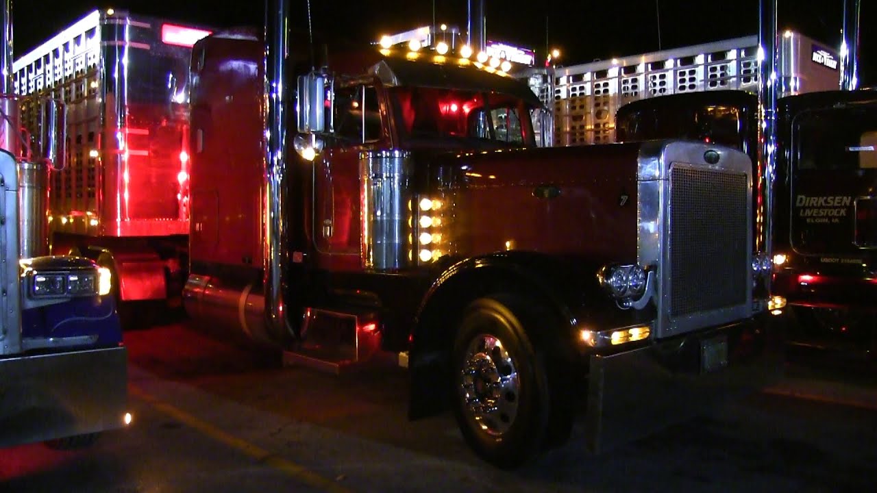 Red Peterbilt Parked At Night At Iowa 80 Truck Stop In Walcott - YouTube