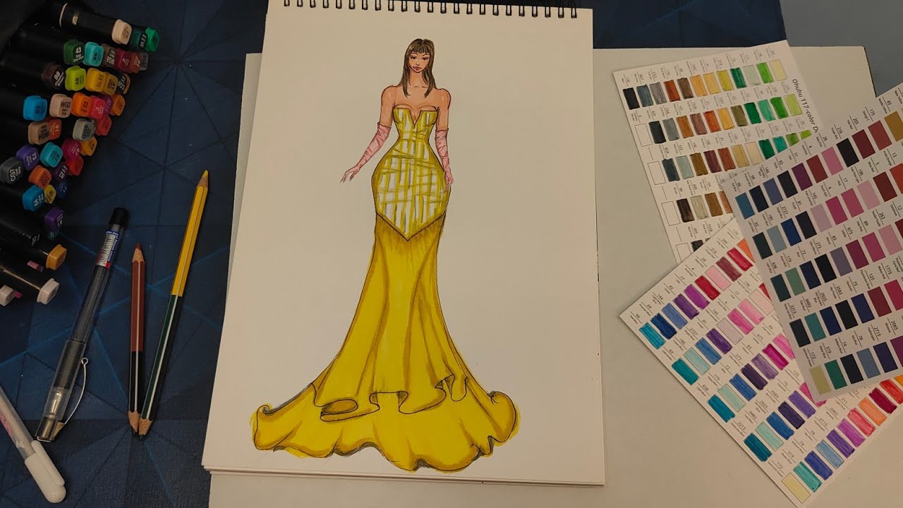 Yellow Stripe Dress Fashion Illustration | Step-by-Step Coloring ...