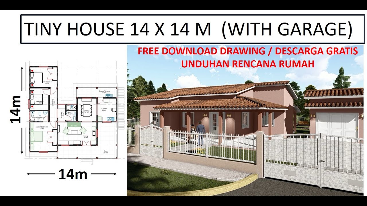 🏡 Plano de CASA CAMPESTRE de UN PISO y 150 m2. Casa de Campo 14x14 m 3 ...