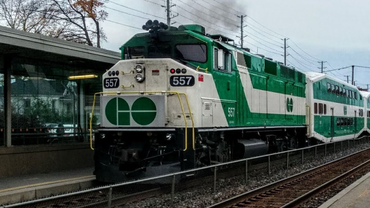 GO Transit Cab Car #361 and Engine #557 Westbound out of Brampton ...