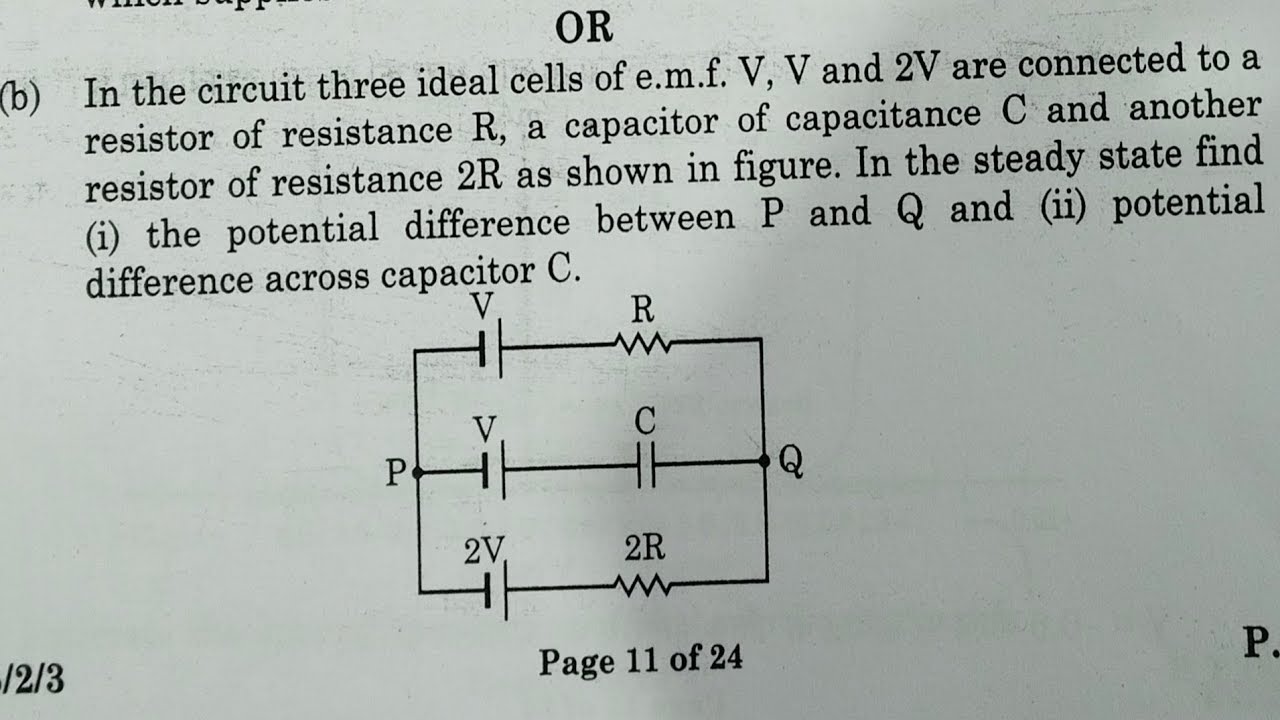 In the circuit three ideal cells of e.m.f. V, V and 2V are connected to ...