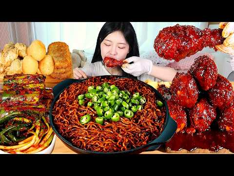 ASMR MUKBANG| 직접 만든 짜파게티 양념치킨 만두튀김 파김치 먹방 & 레시피 FRIED CHICKEN AND BLACK BEAN NOODLES EATING