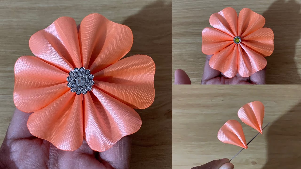 How to make ribbon flowers for school | Ribbon flowers embroidery ...