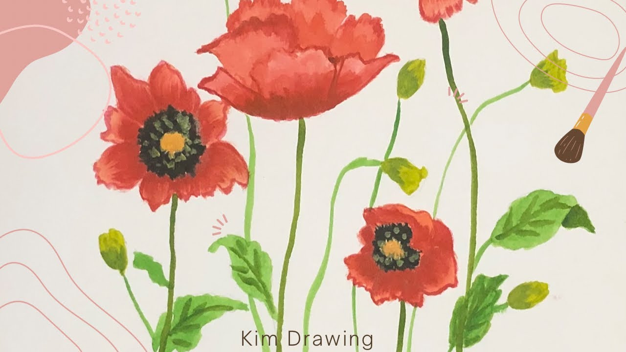 How to draw beautiful red poppy flowers - YouTube