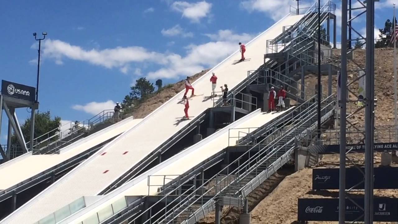 Ski jumpers into pool at Park City Olympic park - YouTube