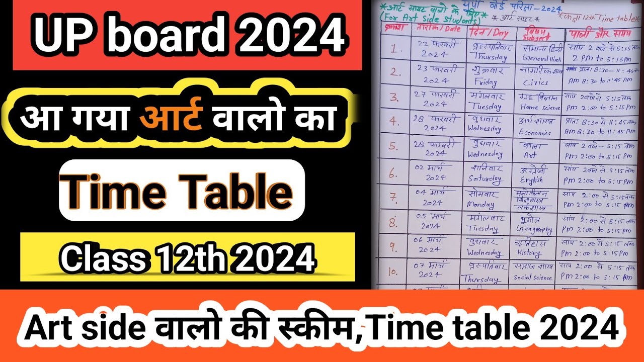 Art side class 12 time table up board || class 12 art side time table ...