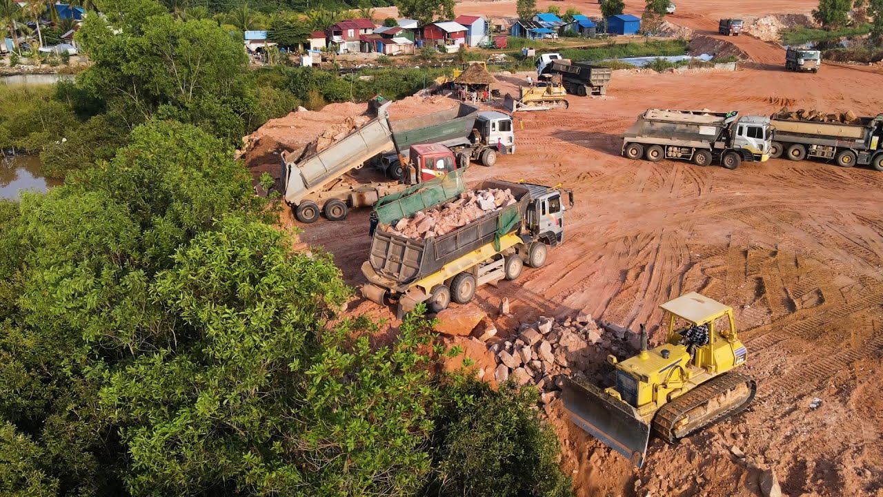 Excellent Activities Huge Filling Land With Stone and Rock By Dozers ...