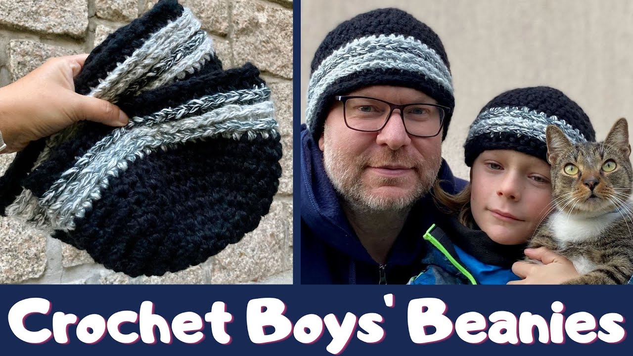 Crochet BEANIES FOR BOYS and MEN, 2 sizes,daddy and son warm hat for beginners, FREE written ...
