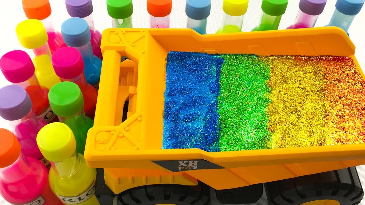Mixing All Slime Glitter Rainbow on the Dump Truck Vehicle Car Toys ...