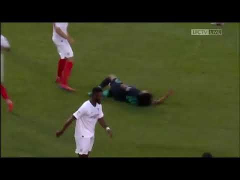 Disgraceful tackle in a pre season friendly!! Sevilla’s Joris Gnagnon on Liverpool’s Yasser Larouci.