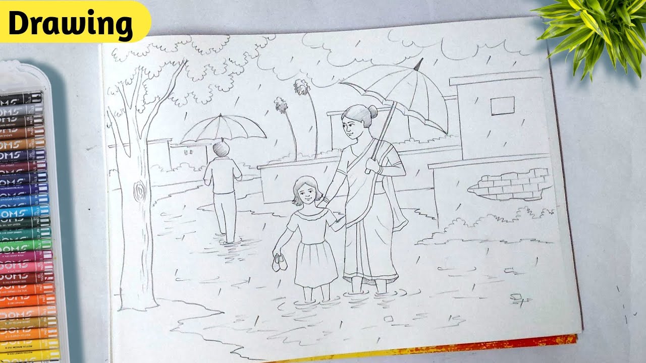 Rainy Season Scenery Drawing/ Rainy Day Drawing Easy/ Monsoon Season ...