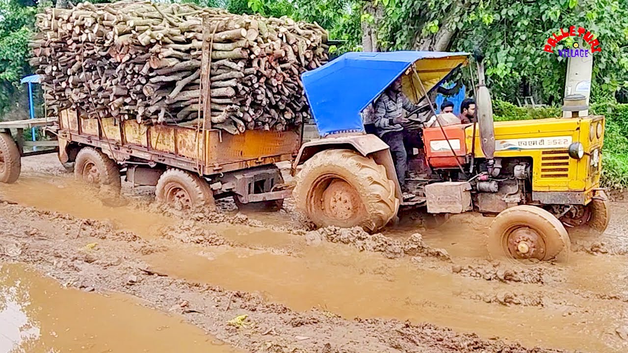 Tractor in Action: Heavy Loaded Tractors in Skiddy Mud Road | Mahindra ...