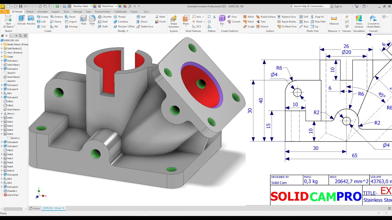 Autodesk inventor Create 3d Model Exercise 104 - YouTube