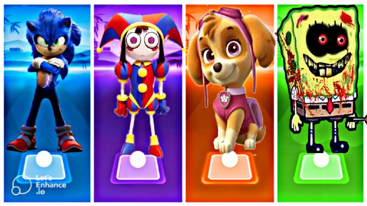 Sonic 🆚 Pomni 🆚 Skye 🆚 SpongeBob 🎶 Tiles Hop EDM Rush - YouTube